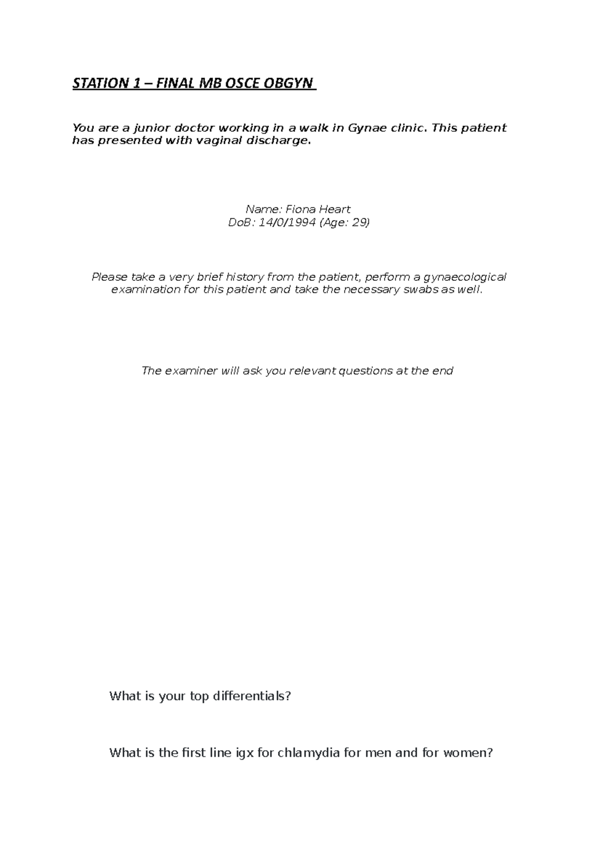 OSCE Station 1: Final MB OBGYN - Gynaecological Examination Guide - Studocu