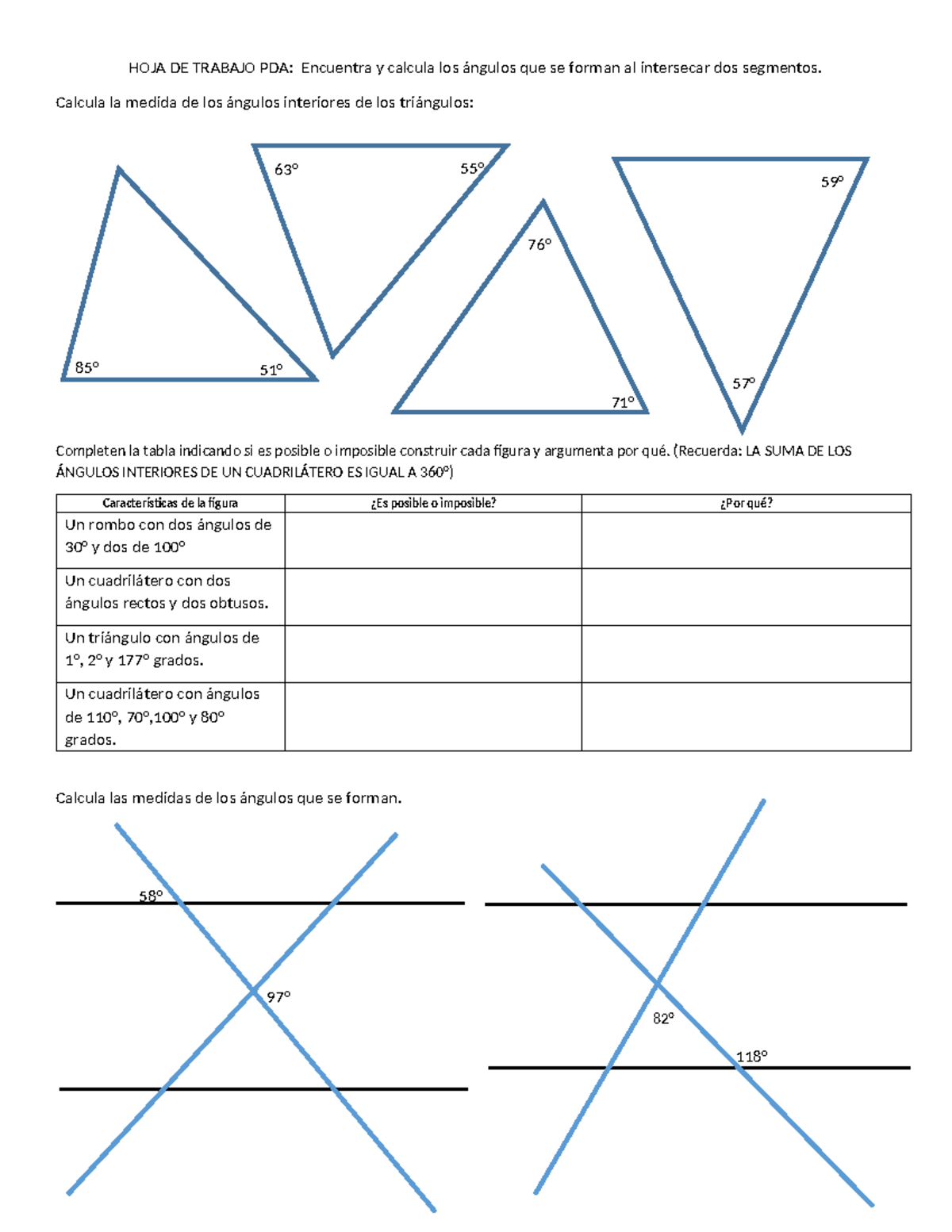 HOJA DE TRABAJO PDA: Cálculo de Ángulos en Triángulos y Cuadriláteros ...