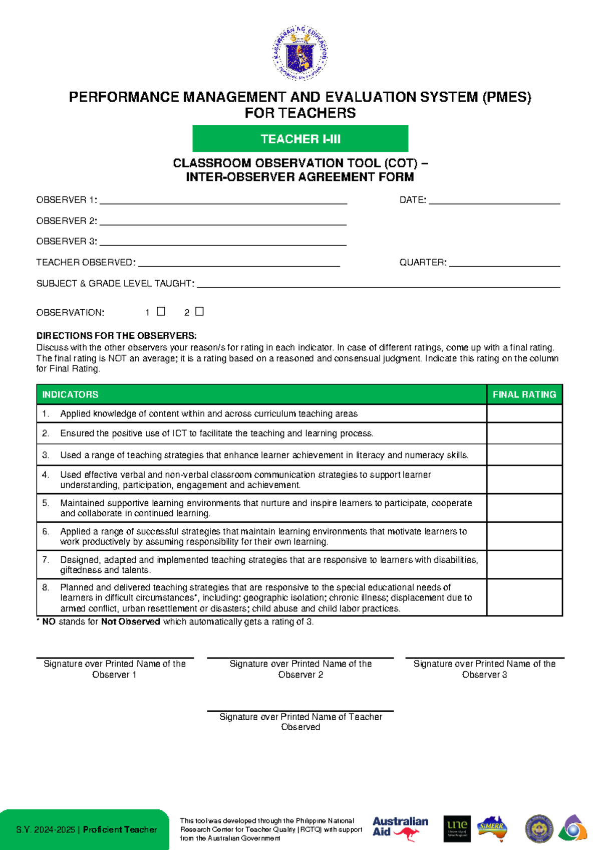COT Inter-Observer Agreement Form for Proficient Teacher SY 2024-2025 ...