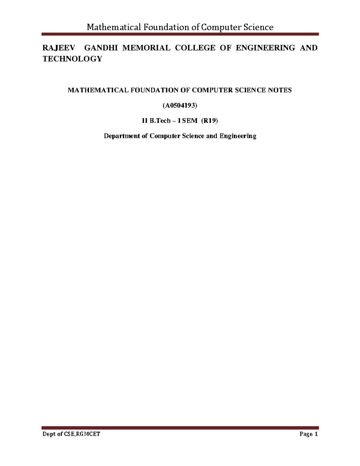 Mathematical Foundations of Computer Science Notes (A0504193) - II B ...
