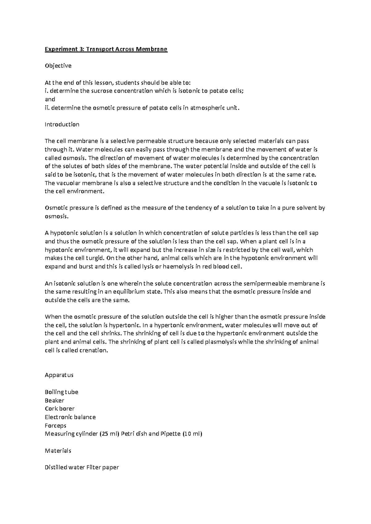 Bio lab report exp3 - Experiment 3: Transport Across Membrane Objective ...