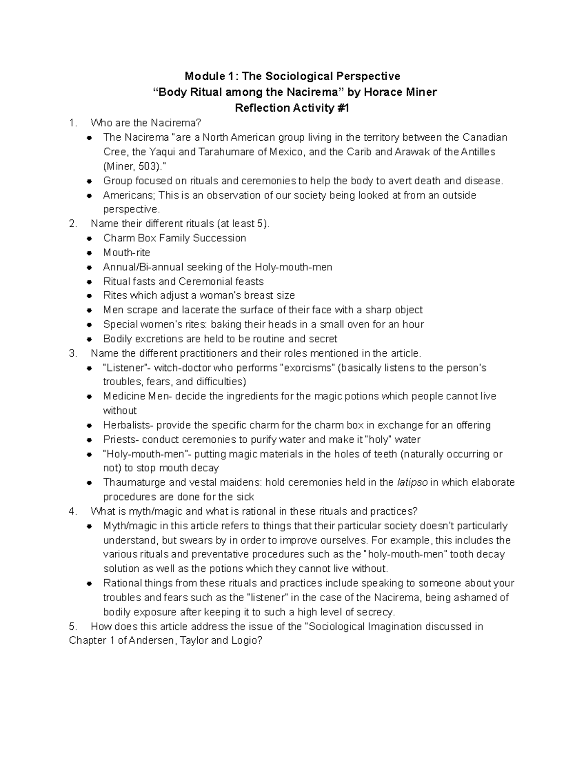 Nacirema Reading Assignment - Module 1: The Sociological Perspective ...