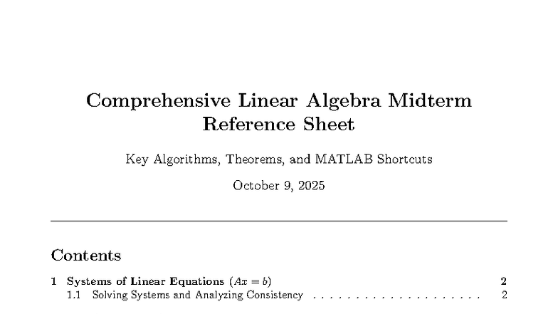 Comprehensive Linear Algebra (MATH 301) Midterm Reference Sheet - Studocu