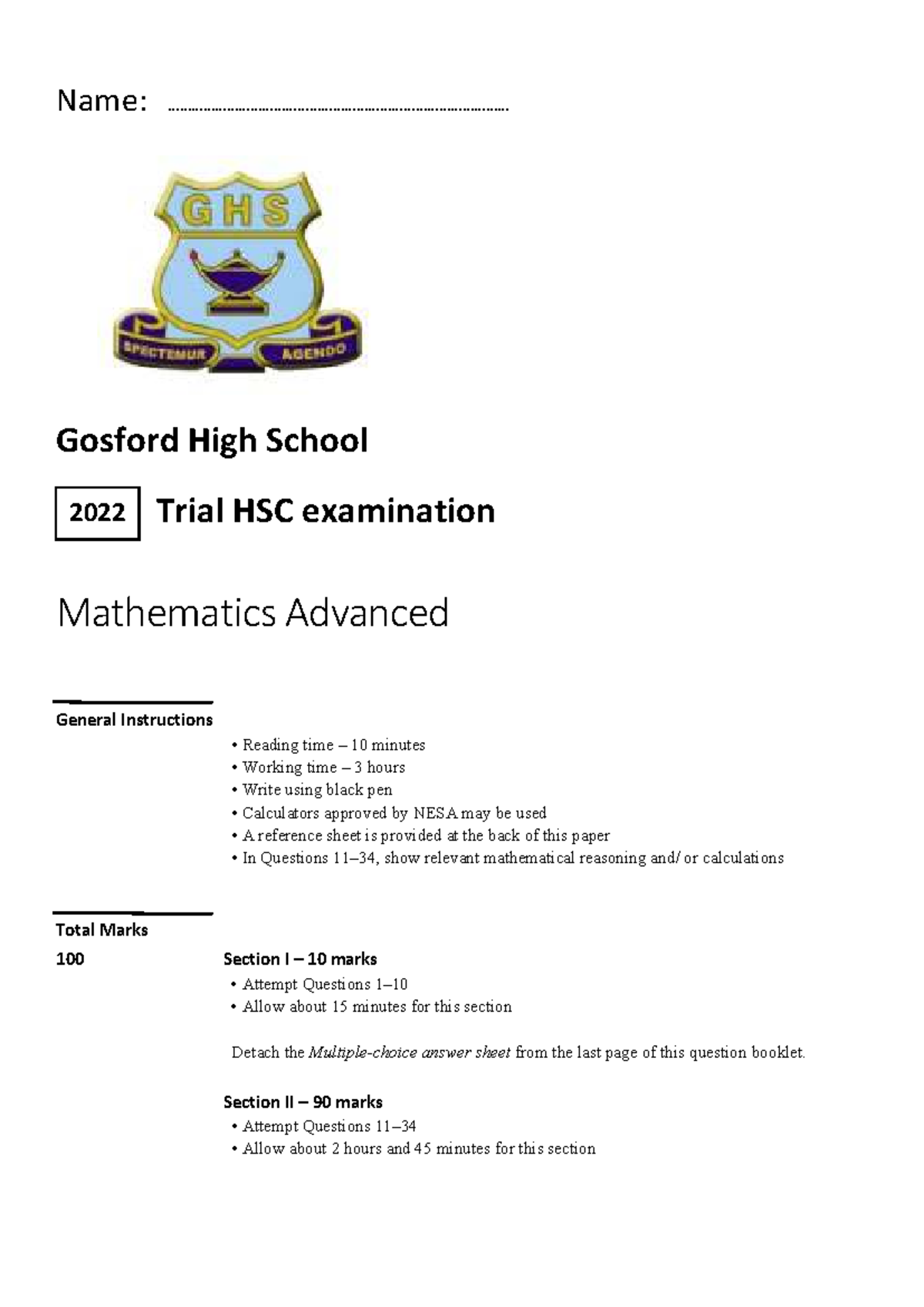 Gosford High School 2022 Trial HSC Mathematics Advanced Solutions - Studocu