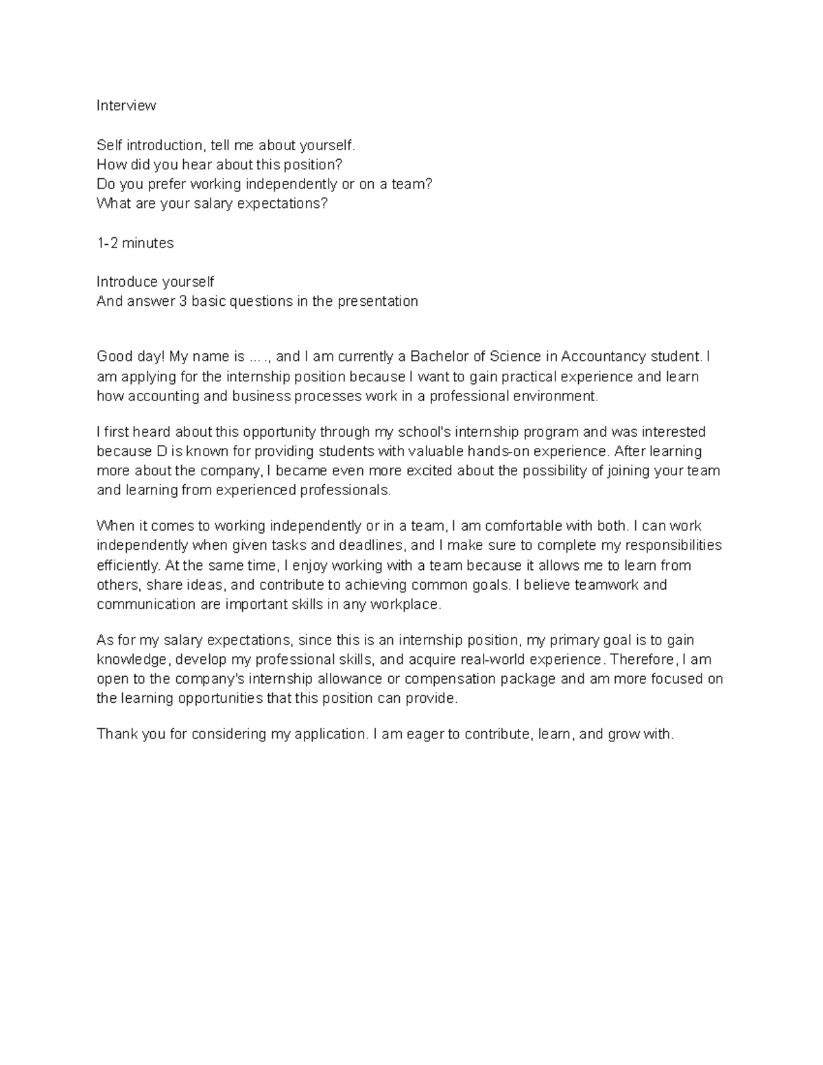 Interview Self-Introduction Script for Internship Applications - Studocu