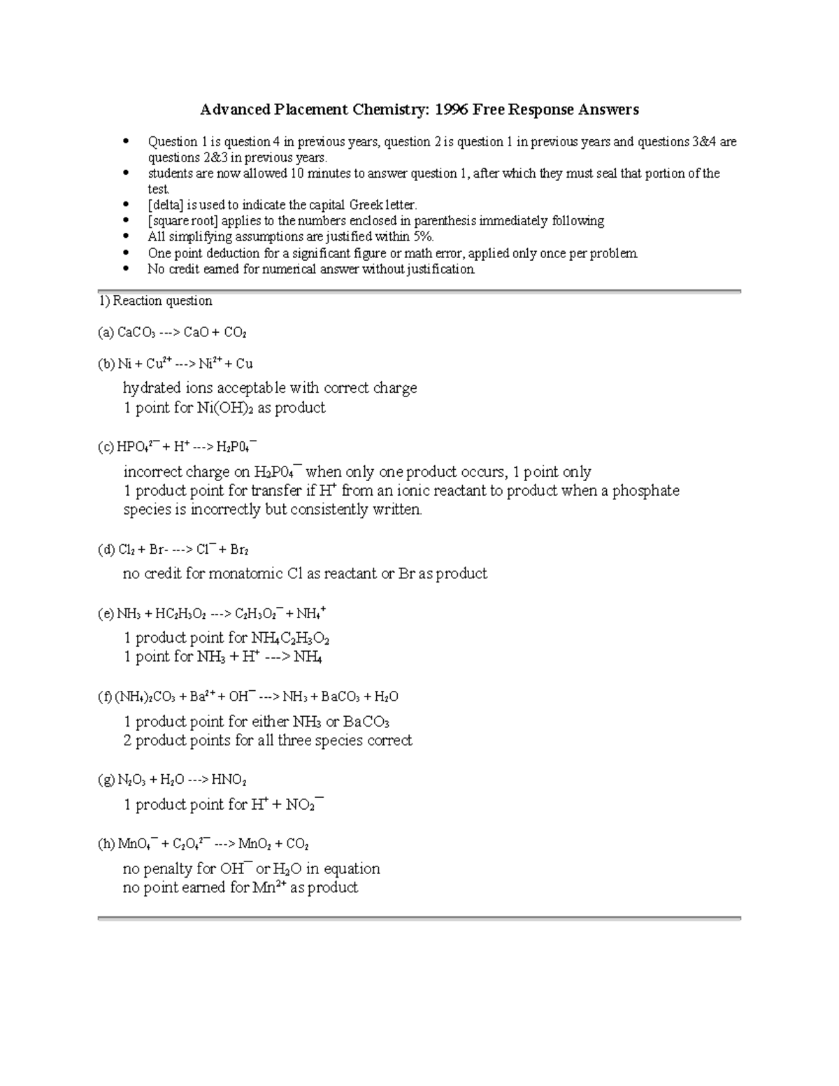 AP Chemistry 1996 Free Response Answer Key and Explanations - Studocu