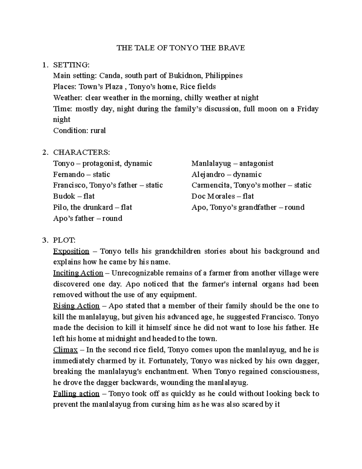 Short Story Elements: Analyzing "The Tale of Tonyo the Brave" - Studocu