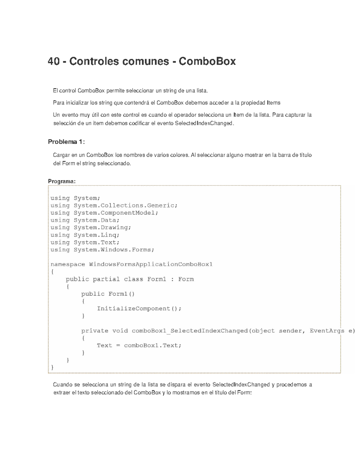 Controles Comunes: ComboBox y Eventos en C# - 10 Ejercicios - Studocu