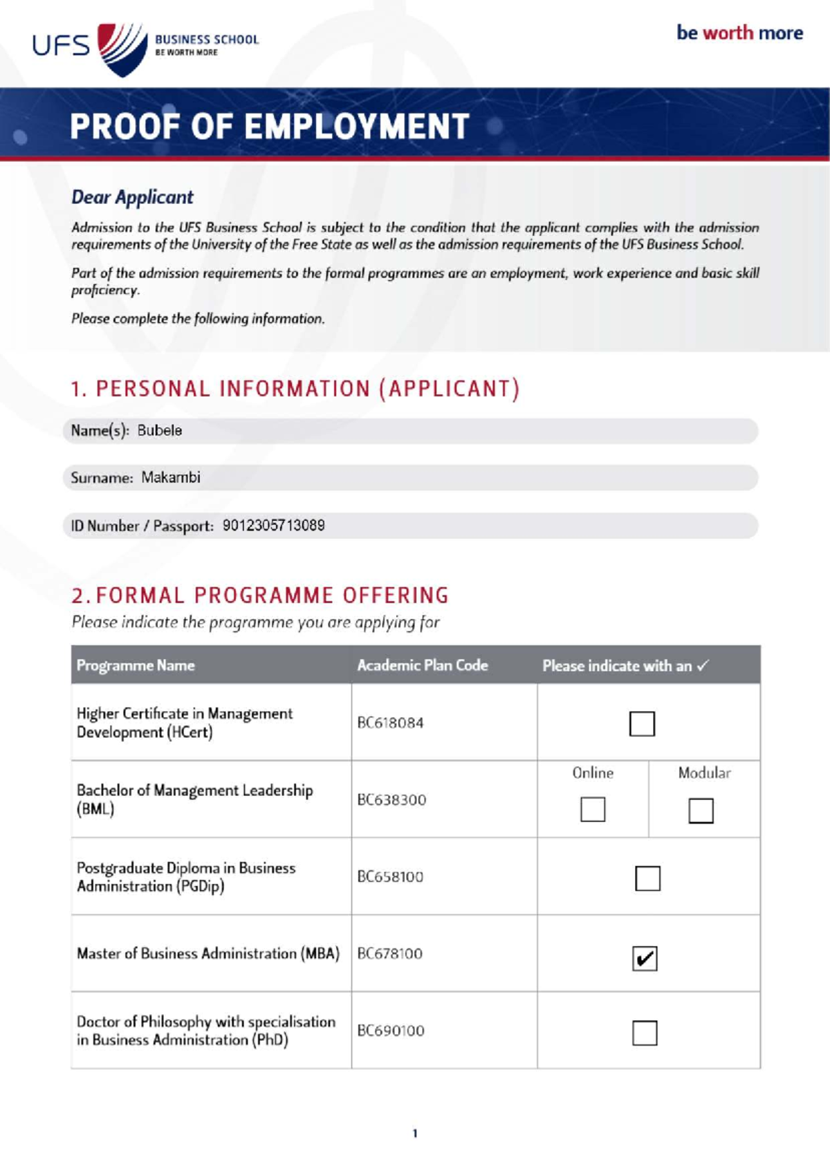 UFS Business School Admission Requirements & Employment Proof - Studocu