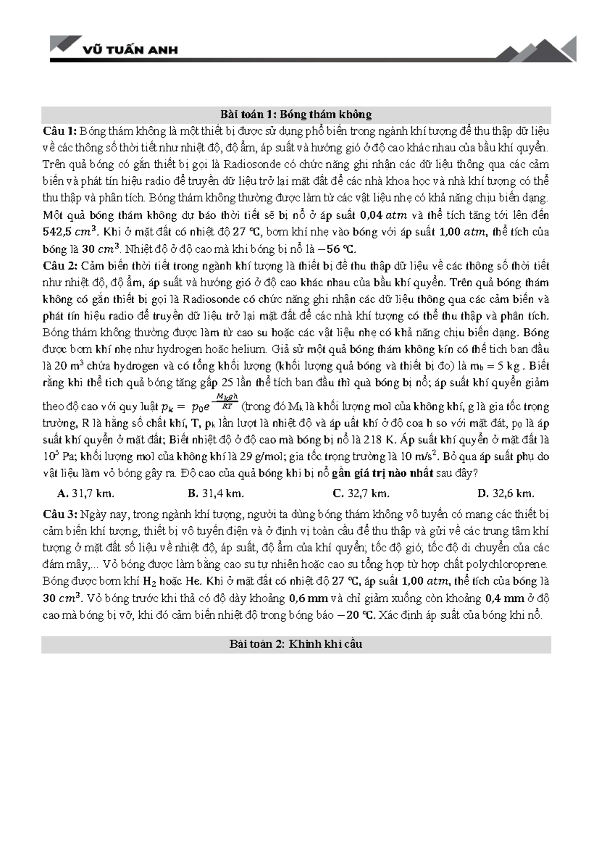 Bài toán 1: Bóng thám không và Khinh khí cầu - Câu hỏi và Giải thích ...
