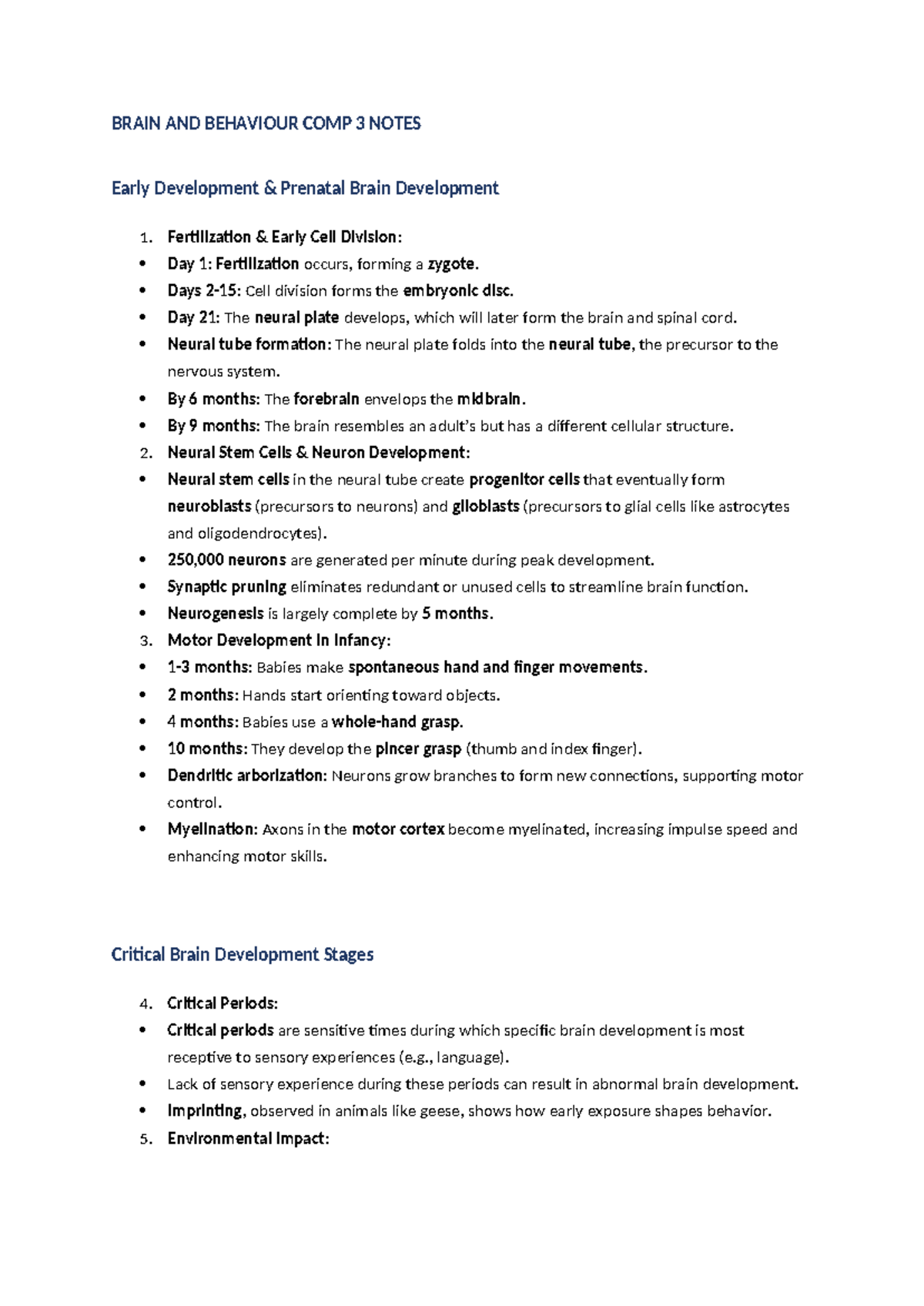 BRAIN AND BEHAVIOUR COMP 3: Early Development & Neural Growth Notes ...