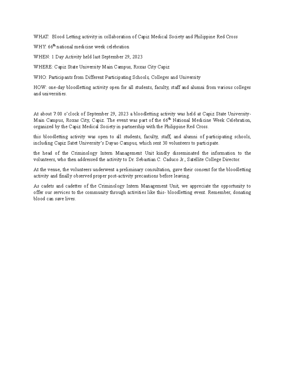 Blood Letting Report - National Medicine Week Activity - Studocu