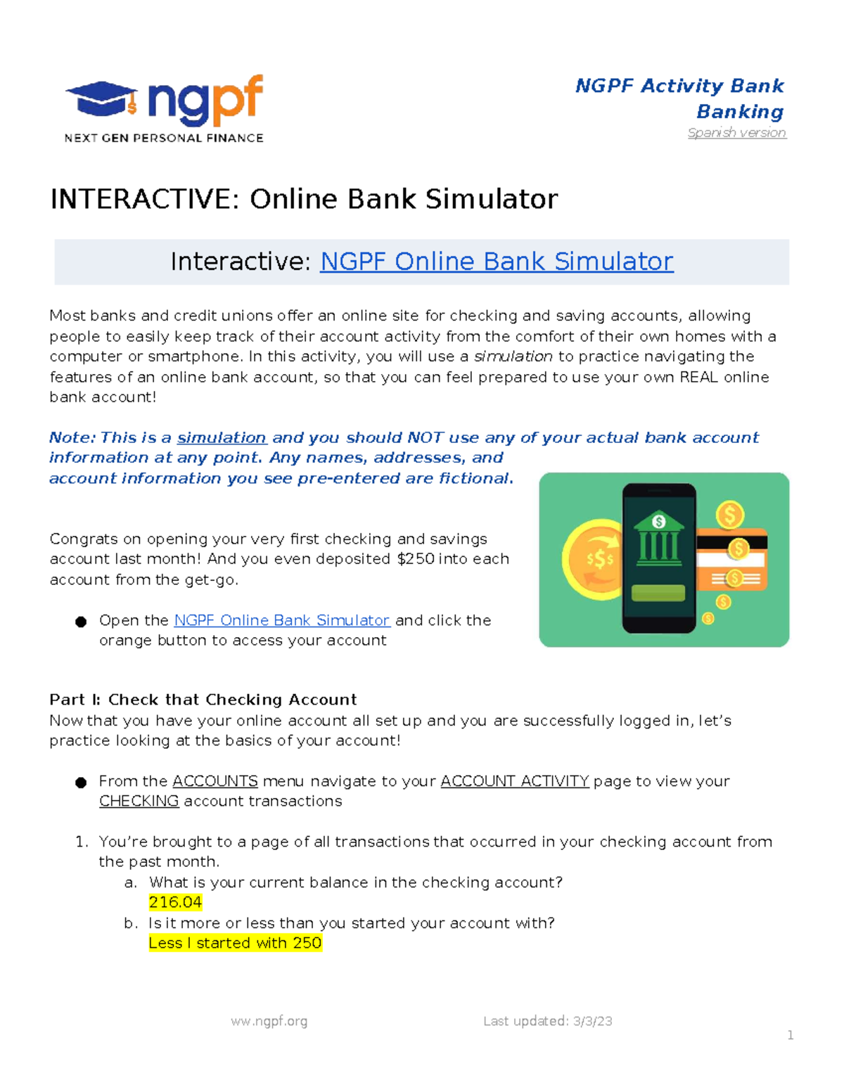 NGPF Activity Bank: Interactive Online Bank Simulator Guide - Studocu