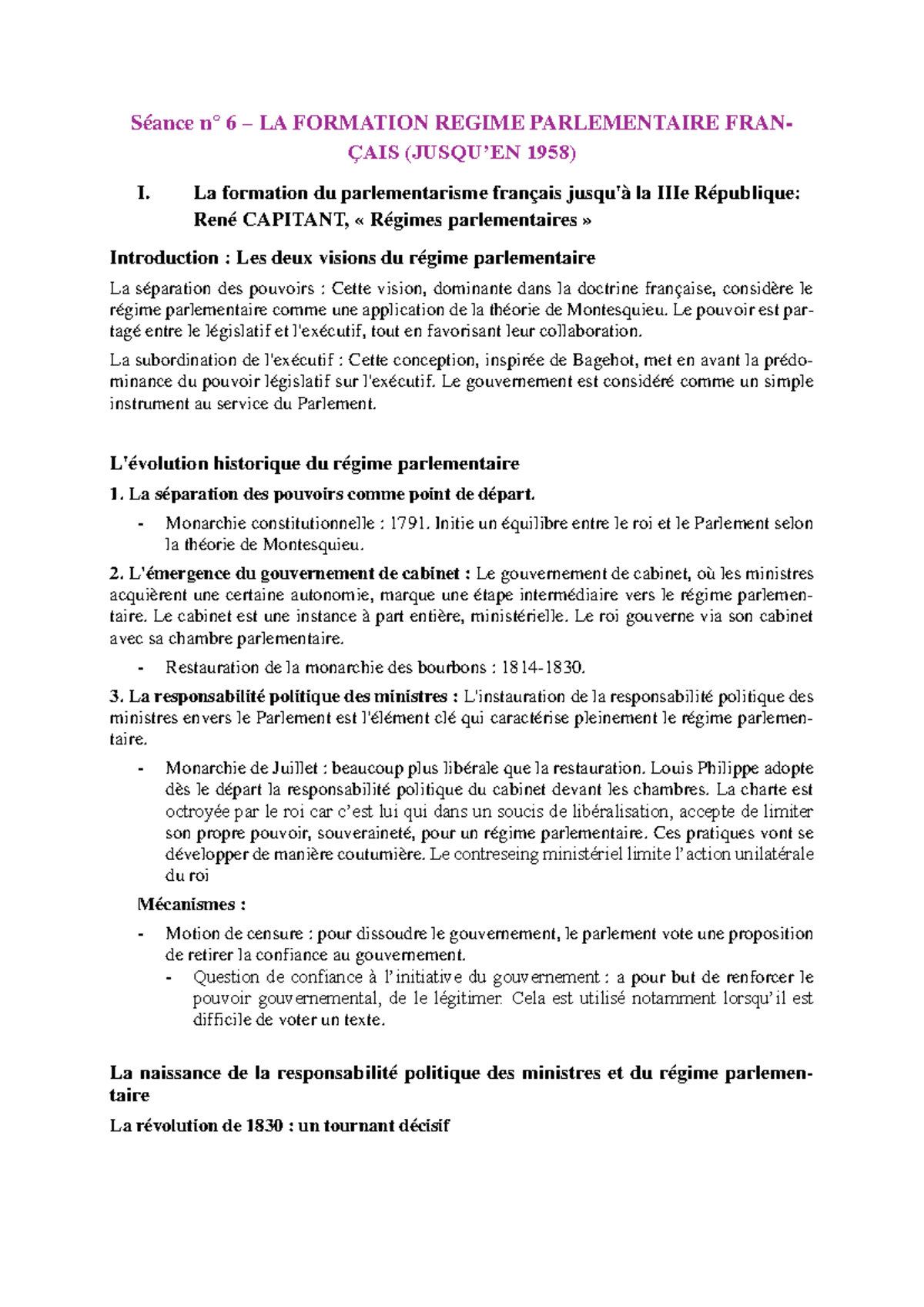 LA FORMATION DU RÉGIME PARLEMENTAIRE FRANÇAIS (JUSQU'EN 1958) - Studocu