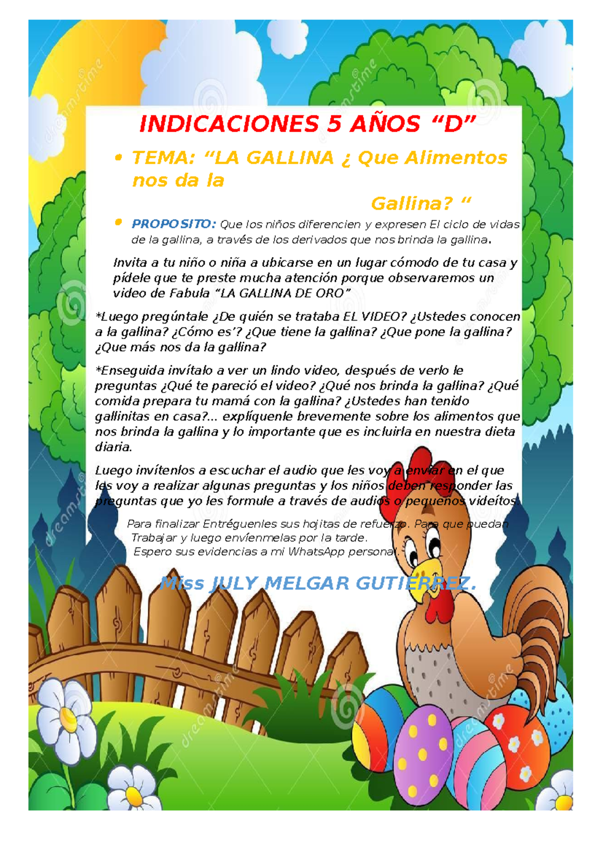 INDICACIONES 5 AÑOS: ALIMENTOS Y CICLO DE VIDA DE LA GALLINA - Studocu