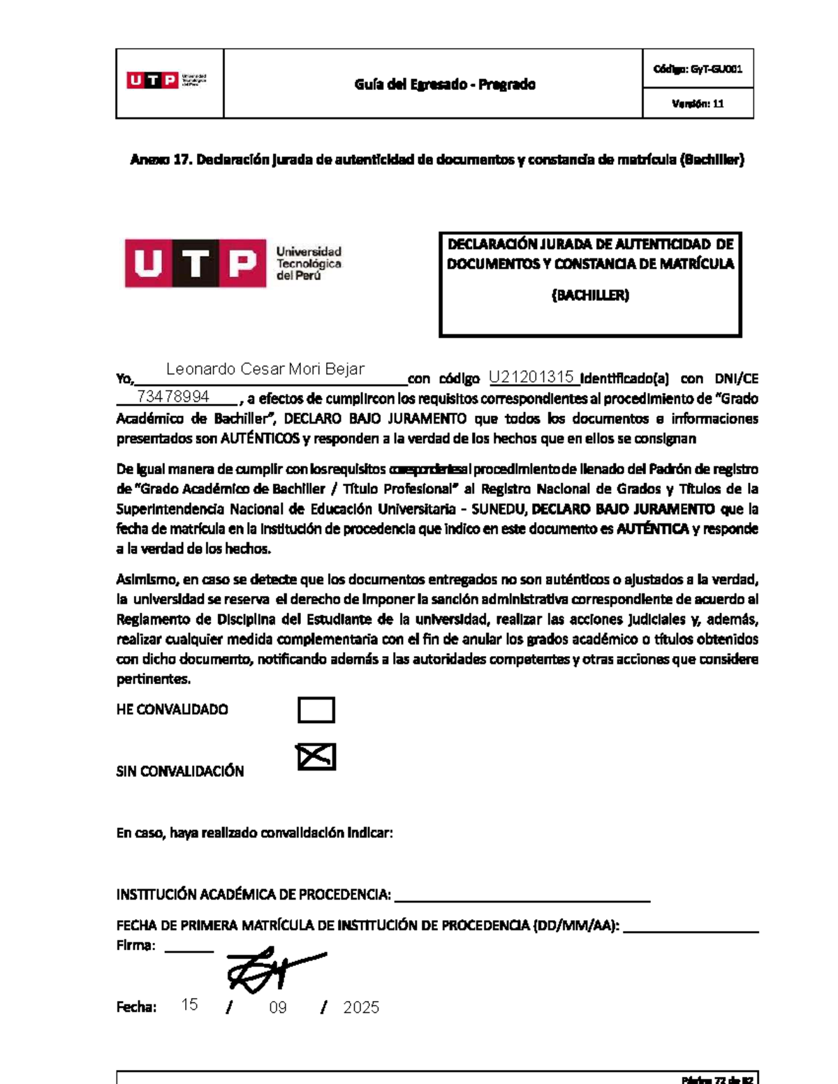 Guía del Egresado UTP: Anexo 17 - Declaración Jurada de Autenticidad ...