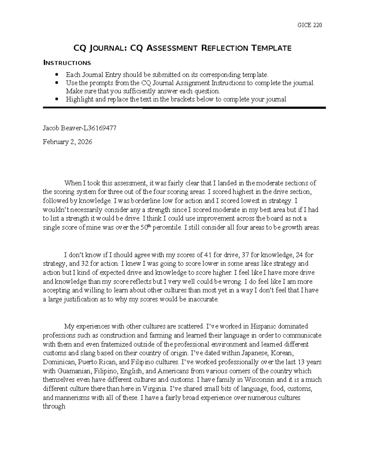 GICE 220 CQ JOURNAL: Reflection on CQ Assessment Scores - Studocu