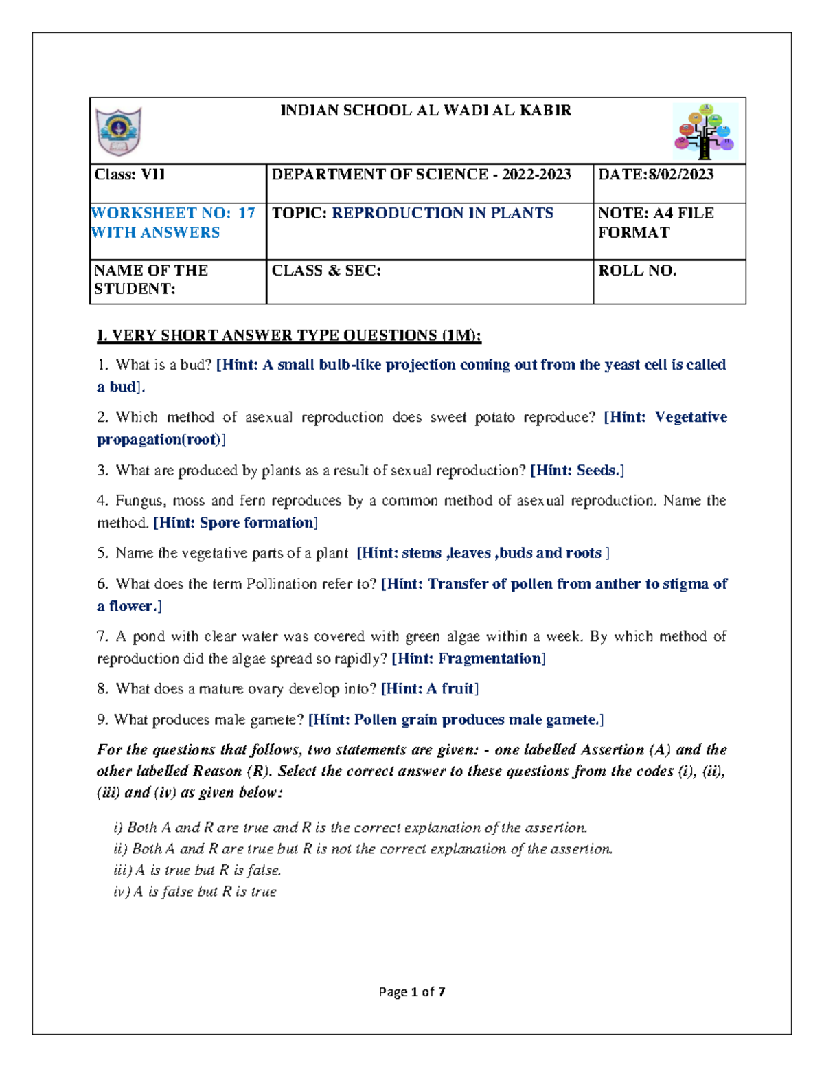 Class 7 Science Worksheet - Reproduction in Plants (With Answers) - Studocu