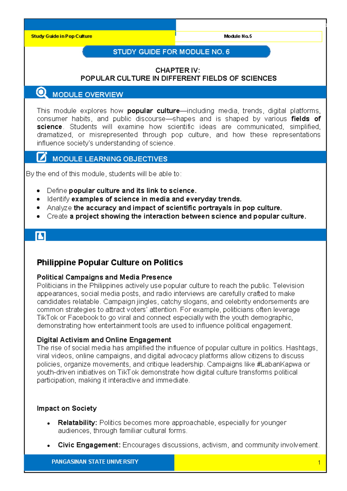 Study Guide for Pop Culture Module No. 7: Science & Society Insights ...