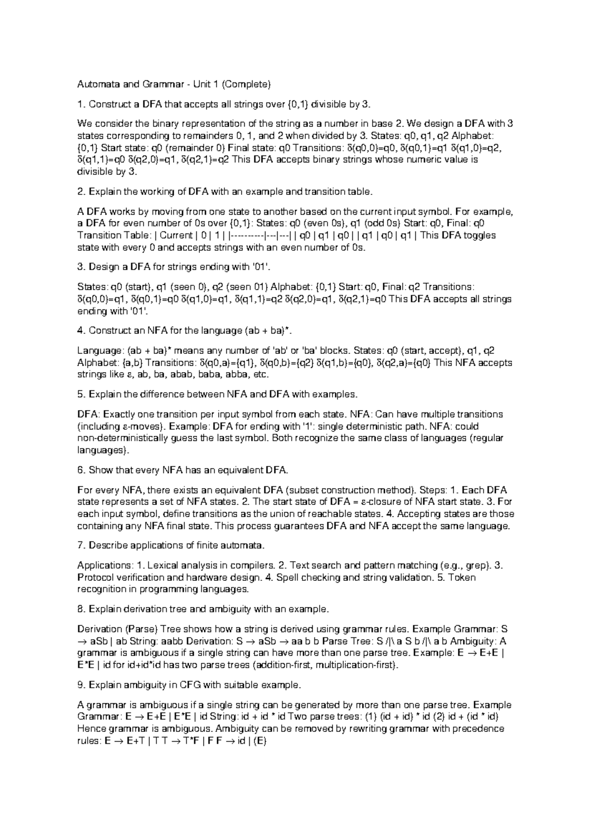 Automata and Grammar Unit 1: DFA and NFA Concepts Explained - Studocu