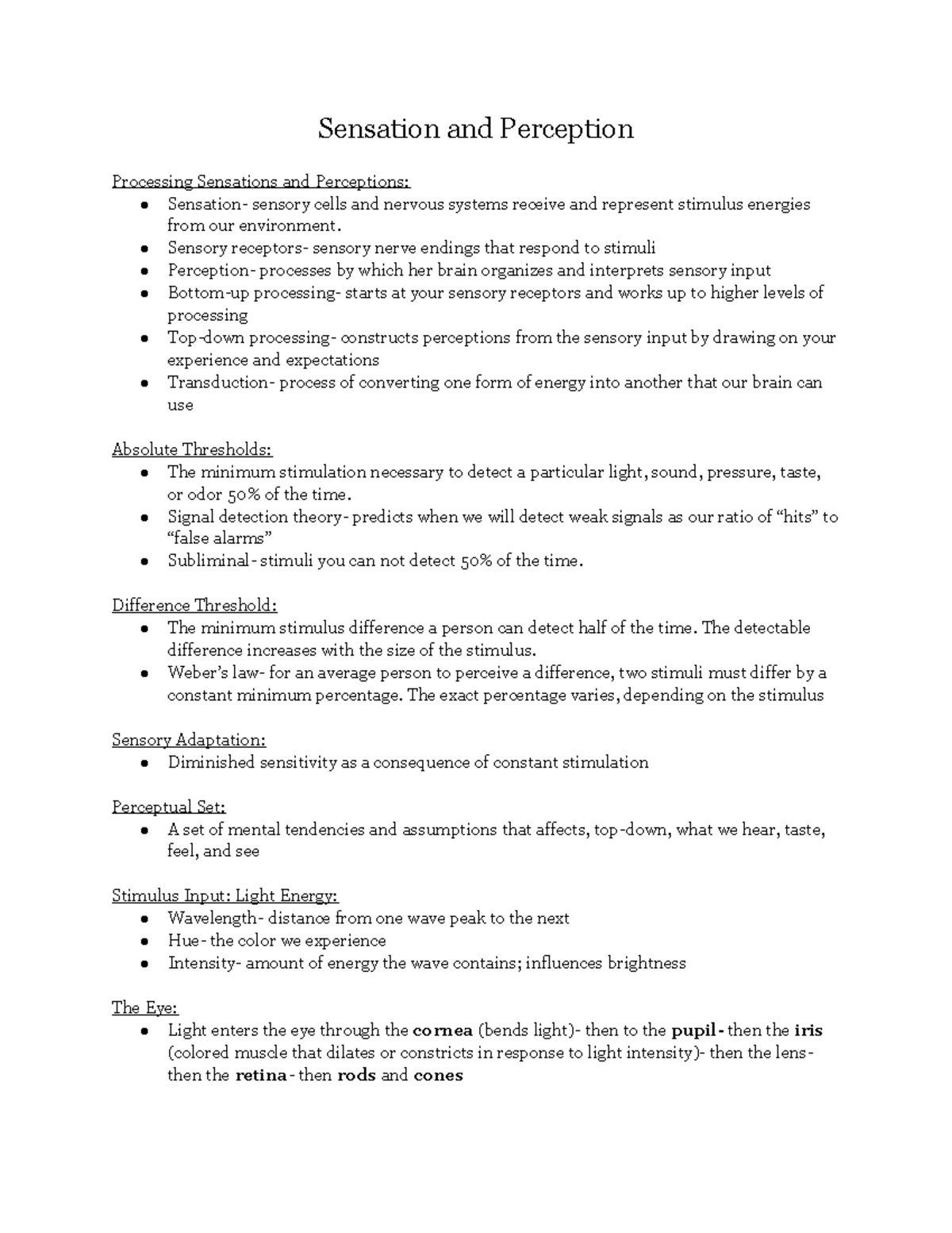 Chapter 6 Textbook Notes - Sensation and Perception Processing ...