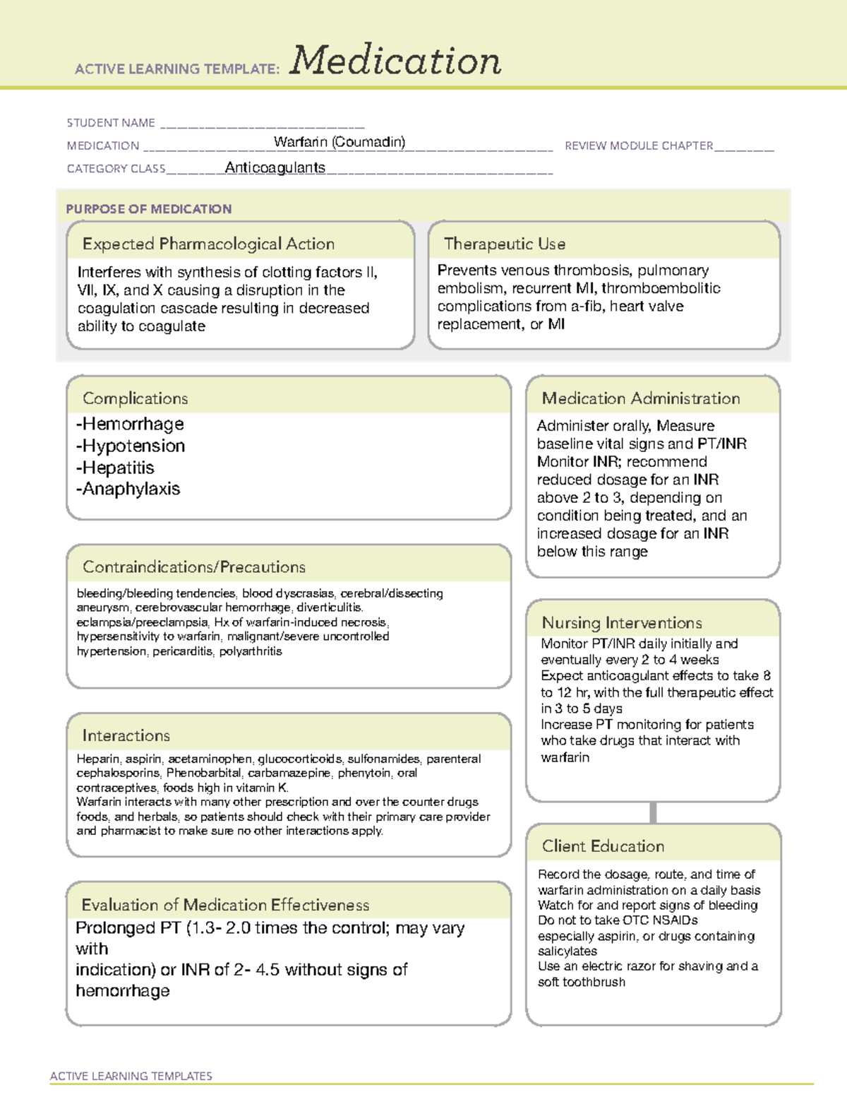 Warfarin (Coumadin) - ATI Medication Active Learning Template - Studocu