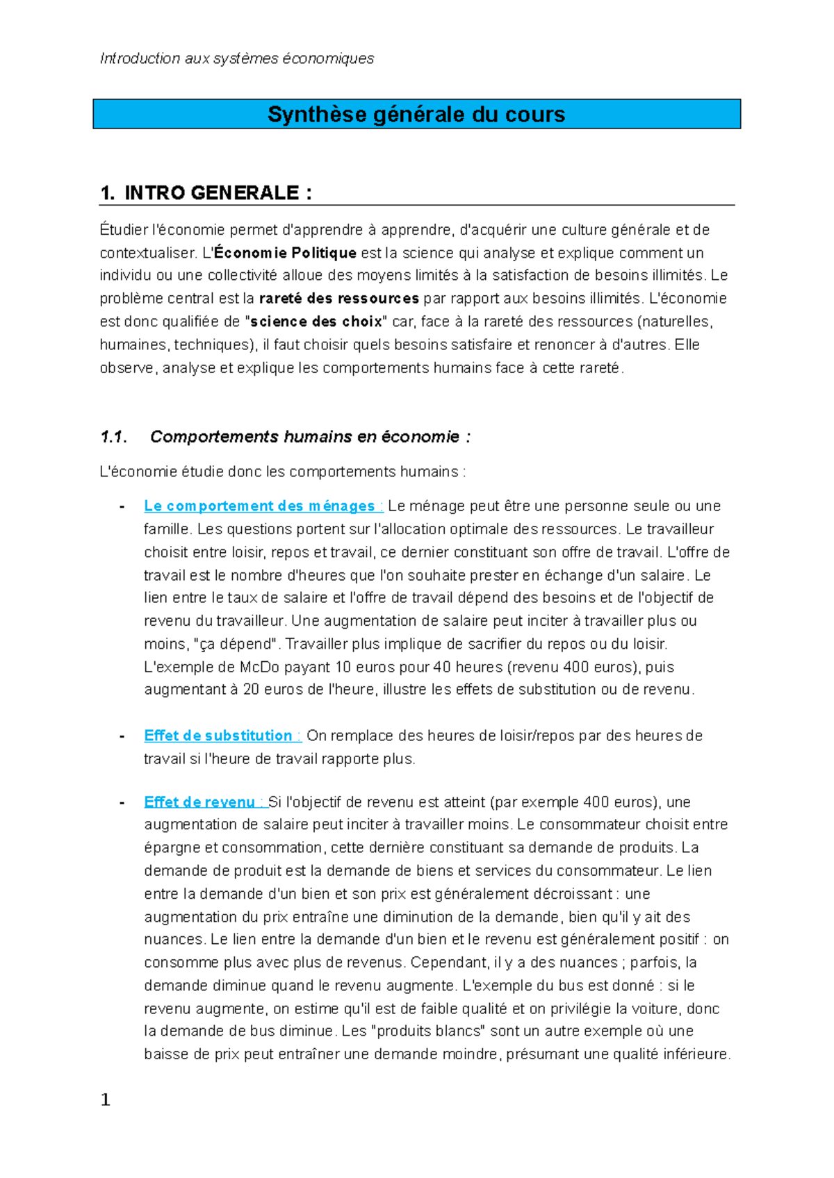 SYNTHÈSE GÉNÉRALE DU COURS ÉCONOMIQUE - INTRODUCTION AUX SYSTÈMES ...