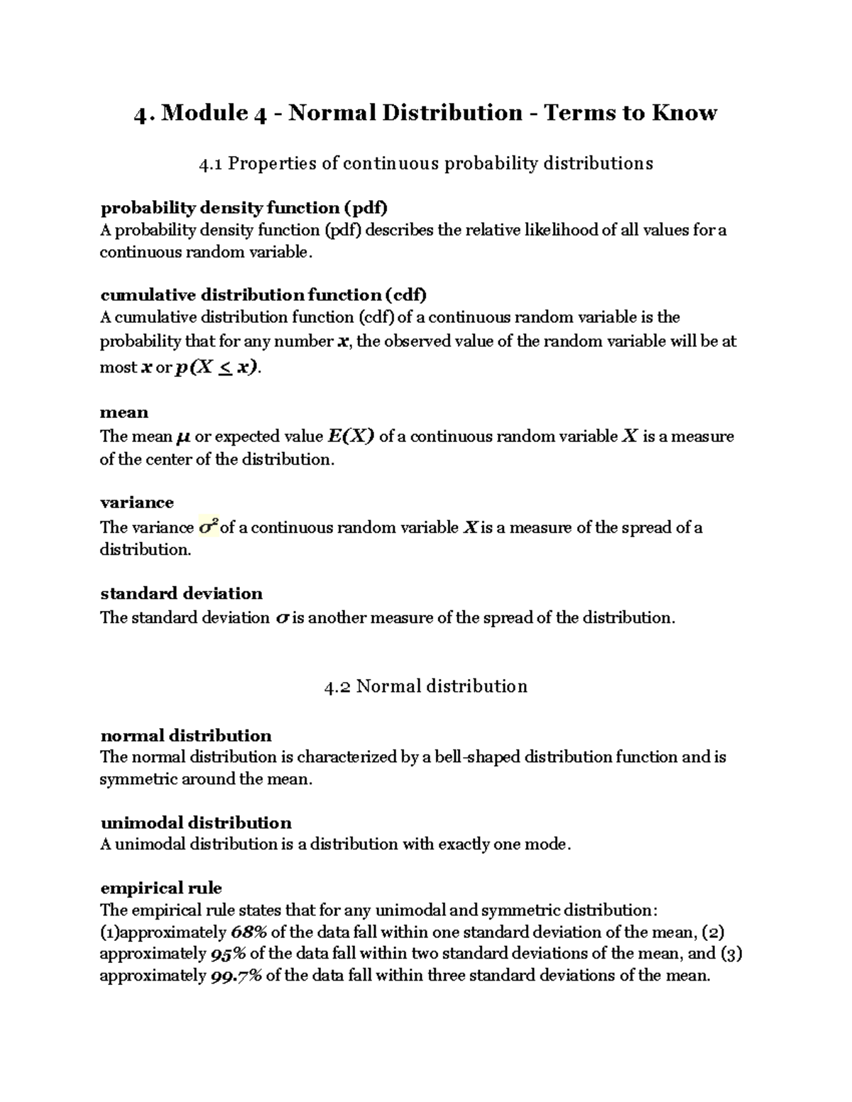 Module 4 - Normal Distribution - Terms to Know - 4. Module 4 - Normal ...
