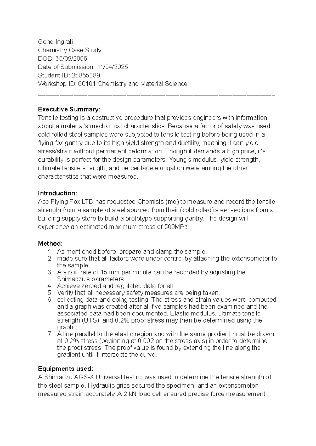 Chemistry Case Study: Tensile Testing of Cold Rolled Steel (CHEM60101 ...