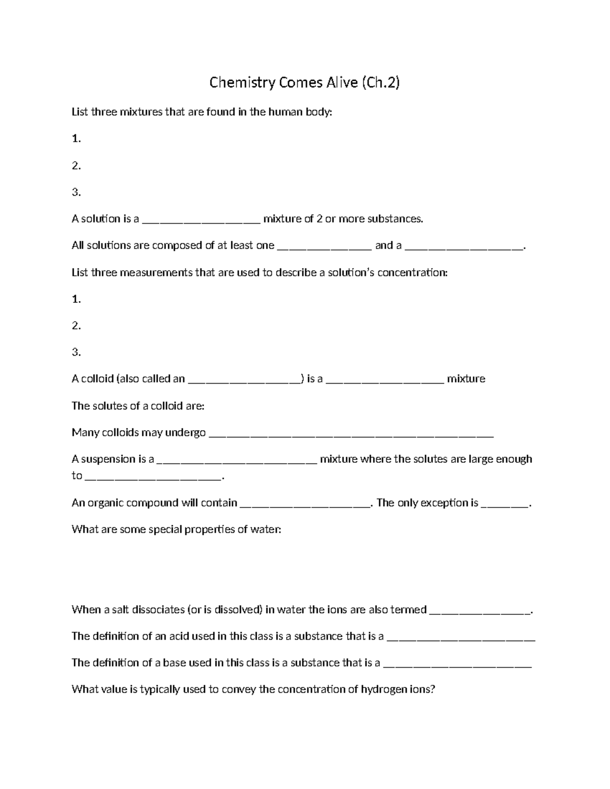 Chemistry Comes Alive (Ch. 2) - Mixtures, Solutions, and Biological ...