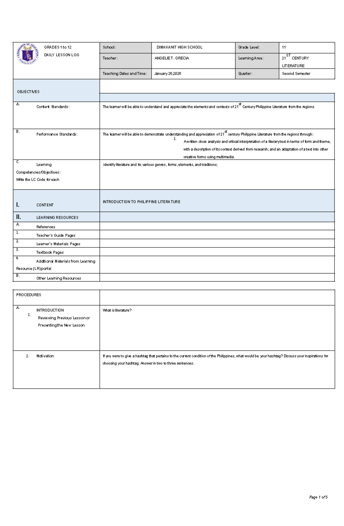 DLL-1: Daily Lesson Log for 21st Century Literature - Grade 11 - Studocu