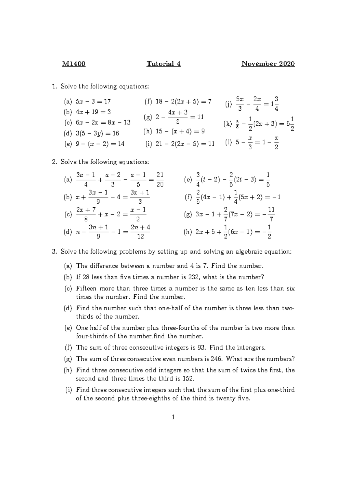 M1400 Tutorial 4 20 - I NEED HELP - M1400 Tutorial 4 November 2020 ...