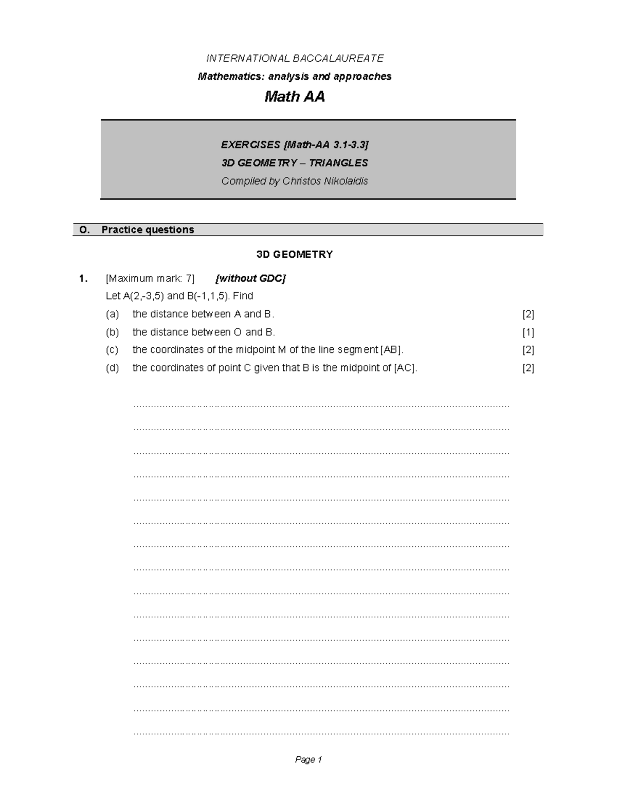 Math AA Exercises: 3D Geometry & Triangles Compiled by Christos ...