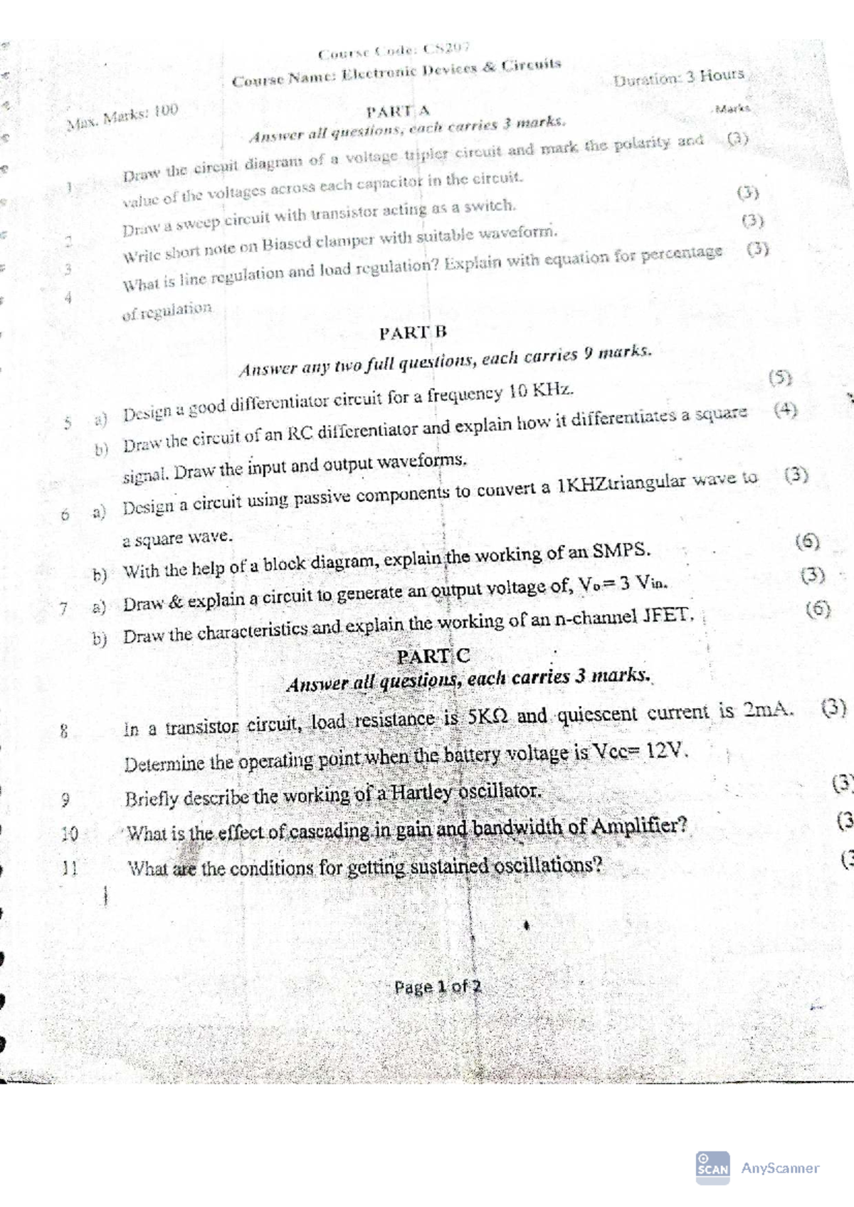 CS207 Final Exam: Electronic Devices Circuits Question Paper - Studocu