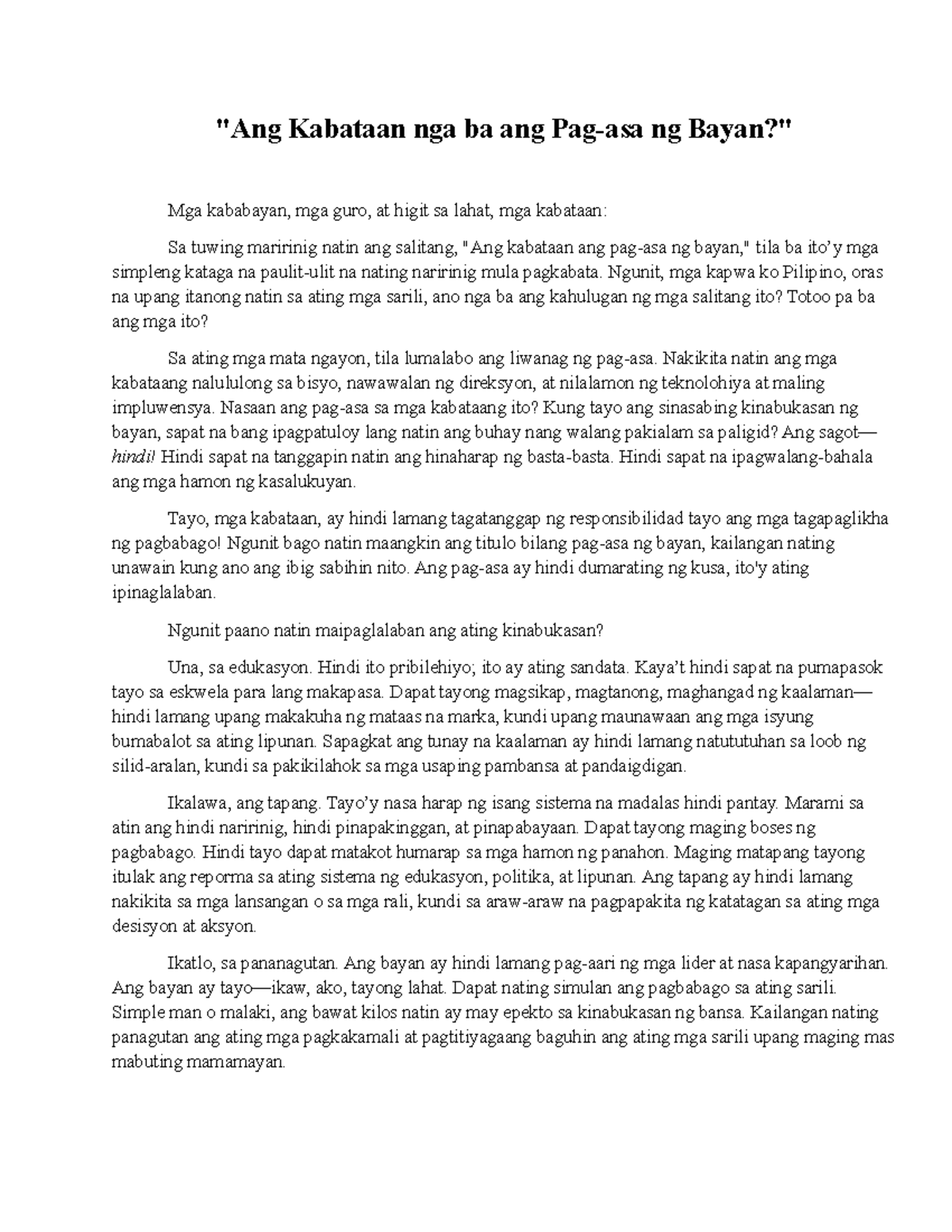 Talumpati sa Kabataan: Pagsusuri sa Kinabukasan ng Bayan - Studocu