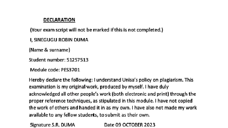 PES3701 FINAL EXAM - Declaration and Question Paper Insights - Studocu