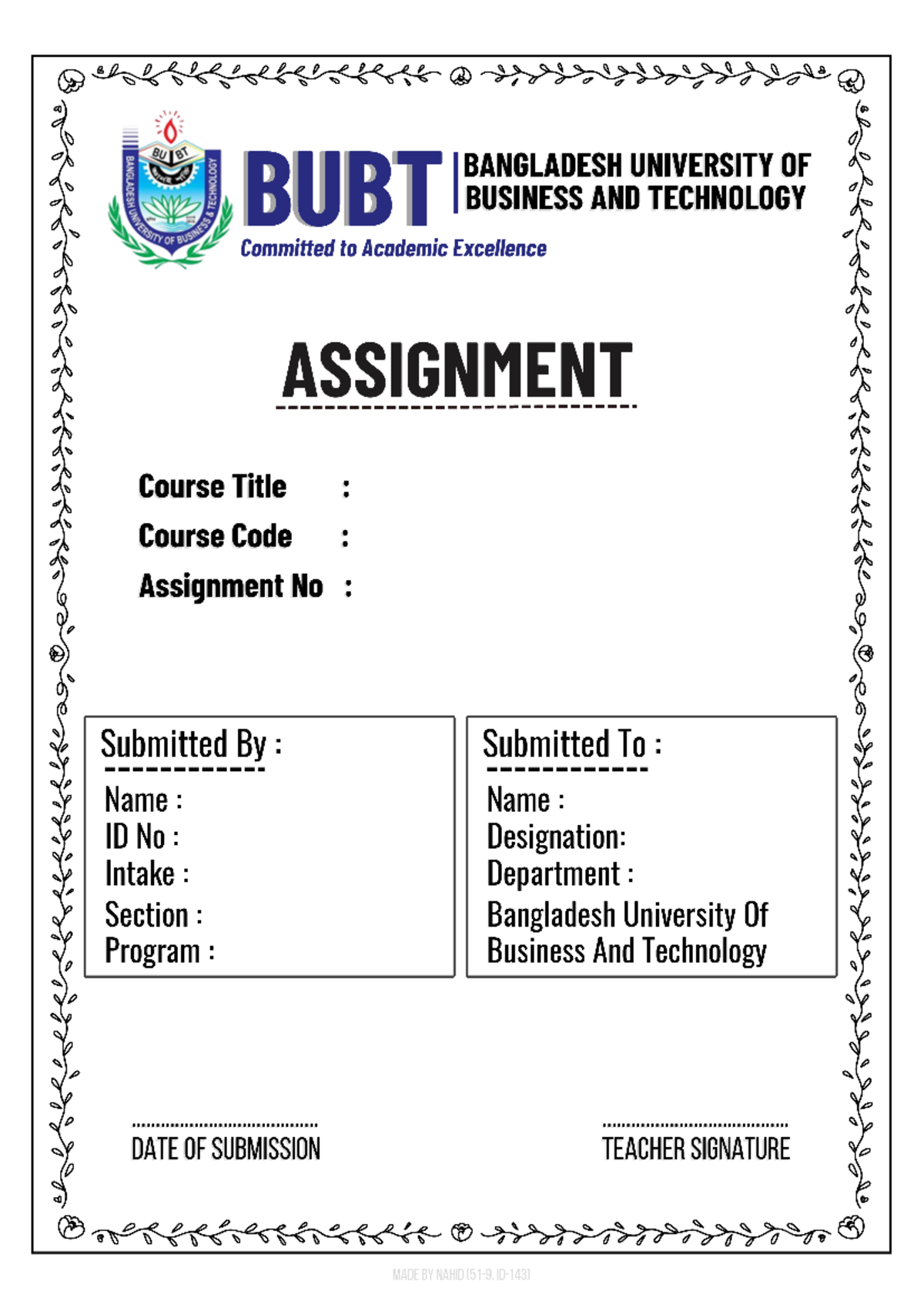 BUBT Assignment & Lab Report Cover Page Template - Studocu
