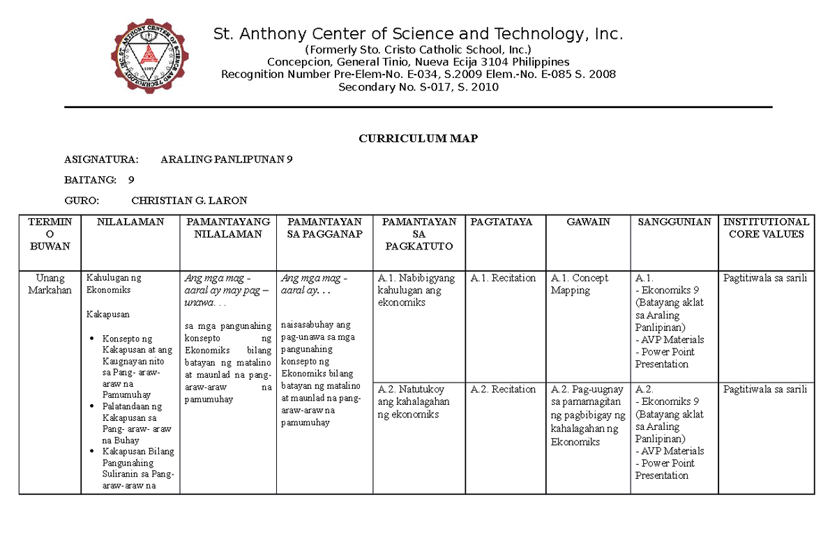 AP 9 Curriculum Map - St. Anthony Center of Science and Technology, Inc. (Formerly Sto. Cristo ...
