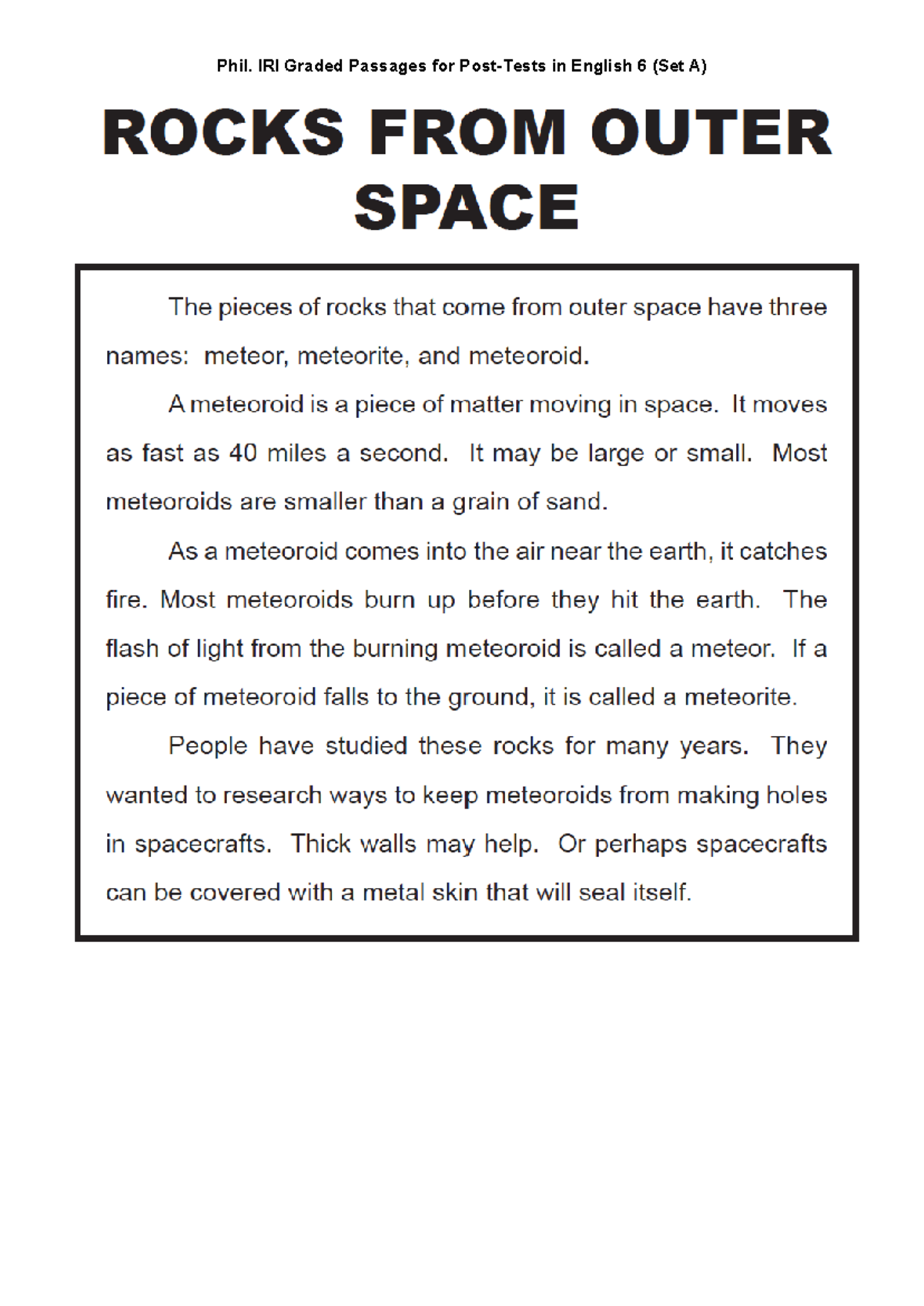 Phil. IRI Graded Passages for English 6 Post-Tests (Set A) - Studocu