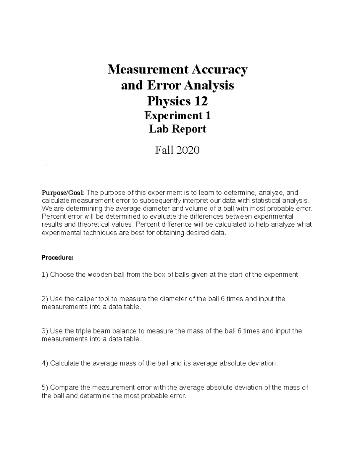 Lab Experiment 1 - Measurement Accuracy and Error Analysis Physics 12 ...