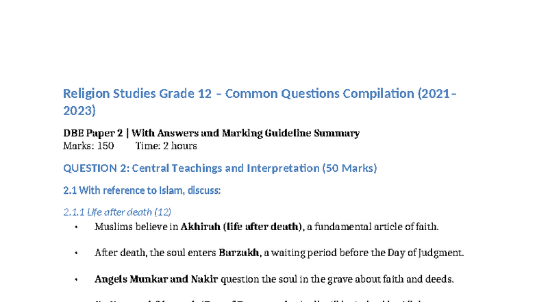 Religion Studies Grade 12 P2 Common Questions & Answers on Islam - Studocu
