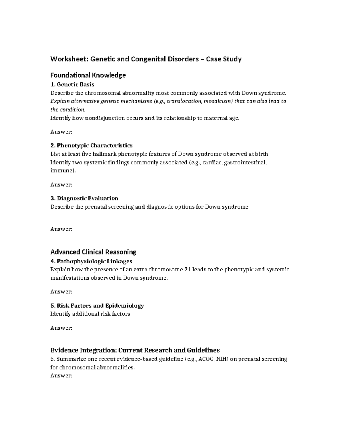 Worksheet: Genetic & Congenital Disorders Case Study - Foundational ...