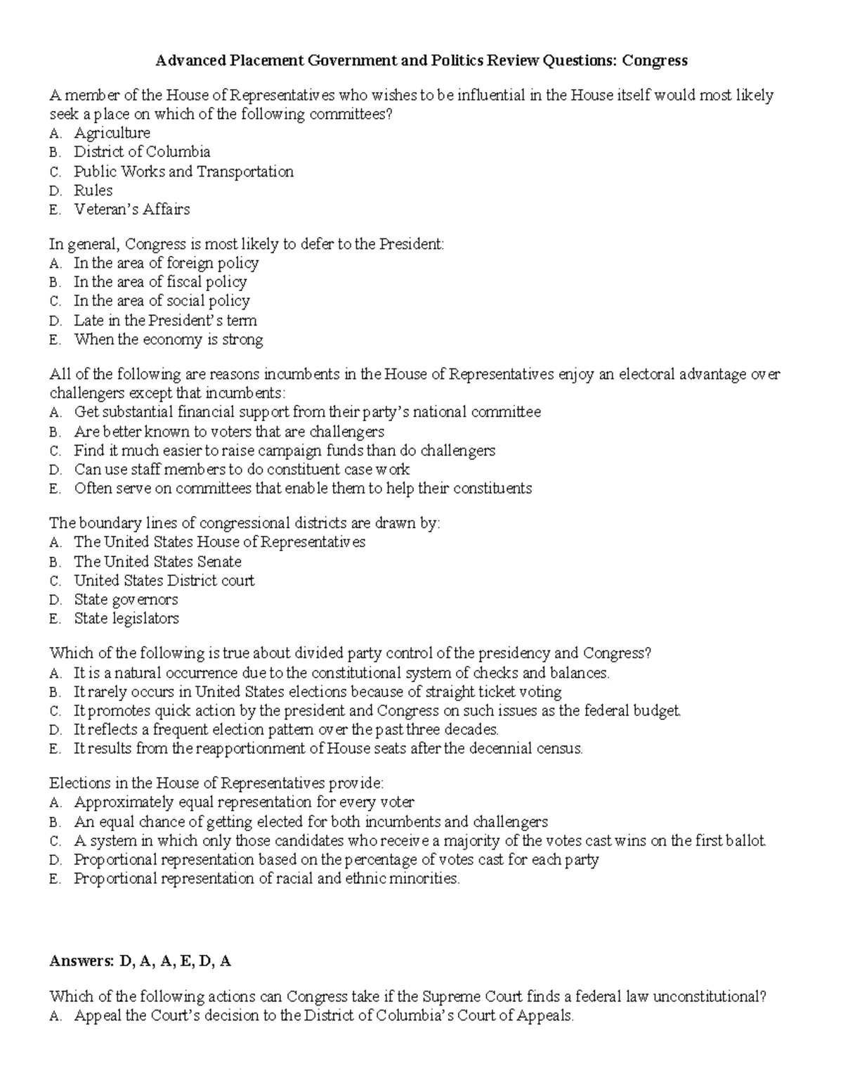 Congress MCQ Review: Unit 2 Questions & Answers for AP Gov - Studocu