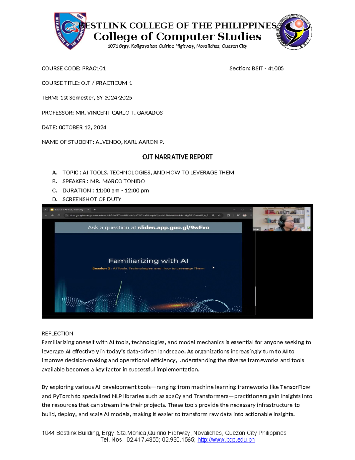 OJT Narrative Report on AI Tools & Technologies - PRAC101 BSIT 41005 ...