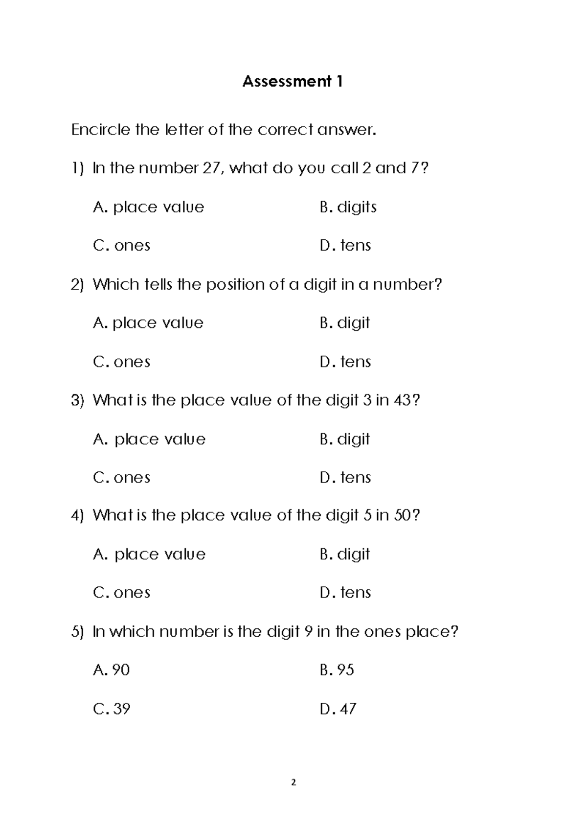 Day 1-MATH-Assessment 1: Multiple Choice Questions - Studocu
