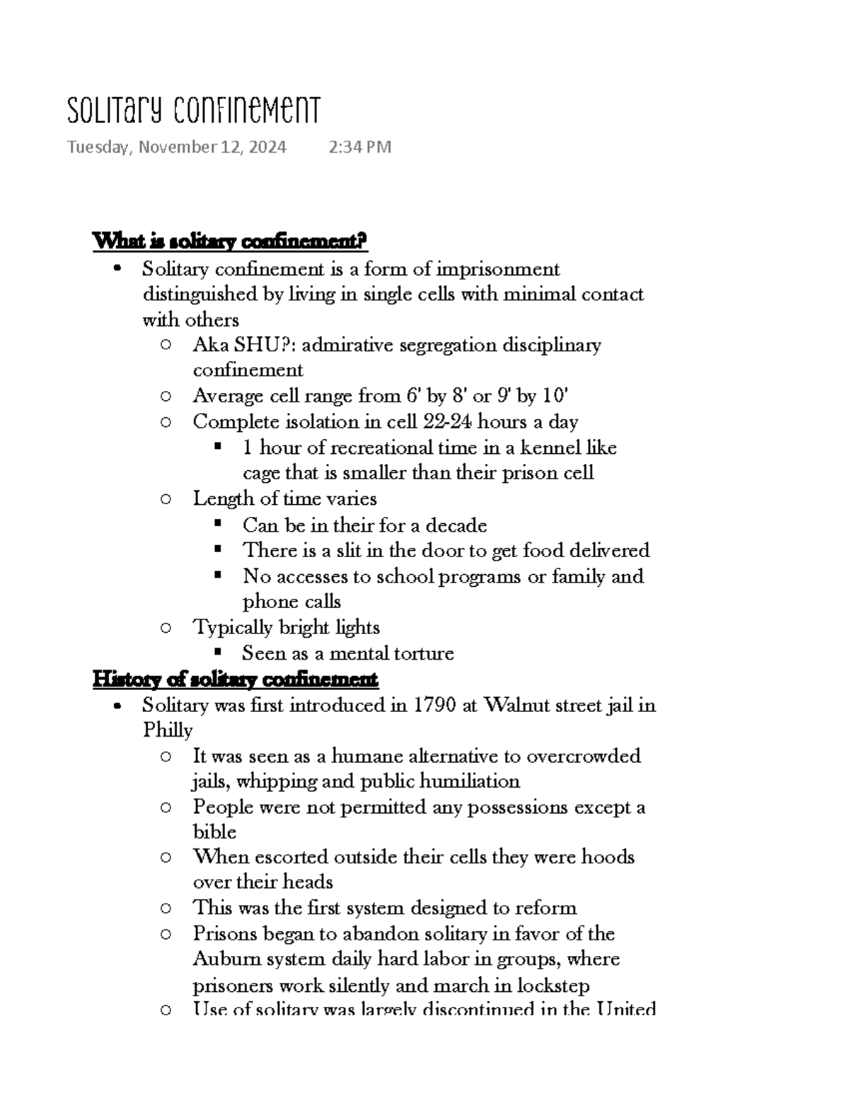 Solitary Confinement Overview: History, Impact, and Legal Aspects - Studocu