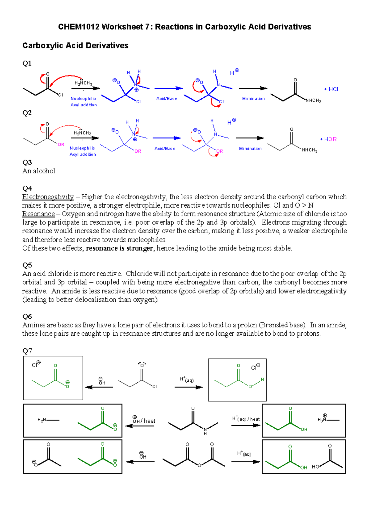 Tutorial 07 Answers - CHEM1012 Worksheet 7: Reactions in Carboxylic ...