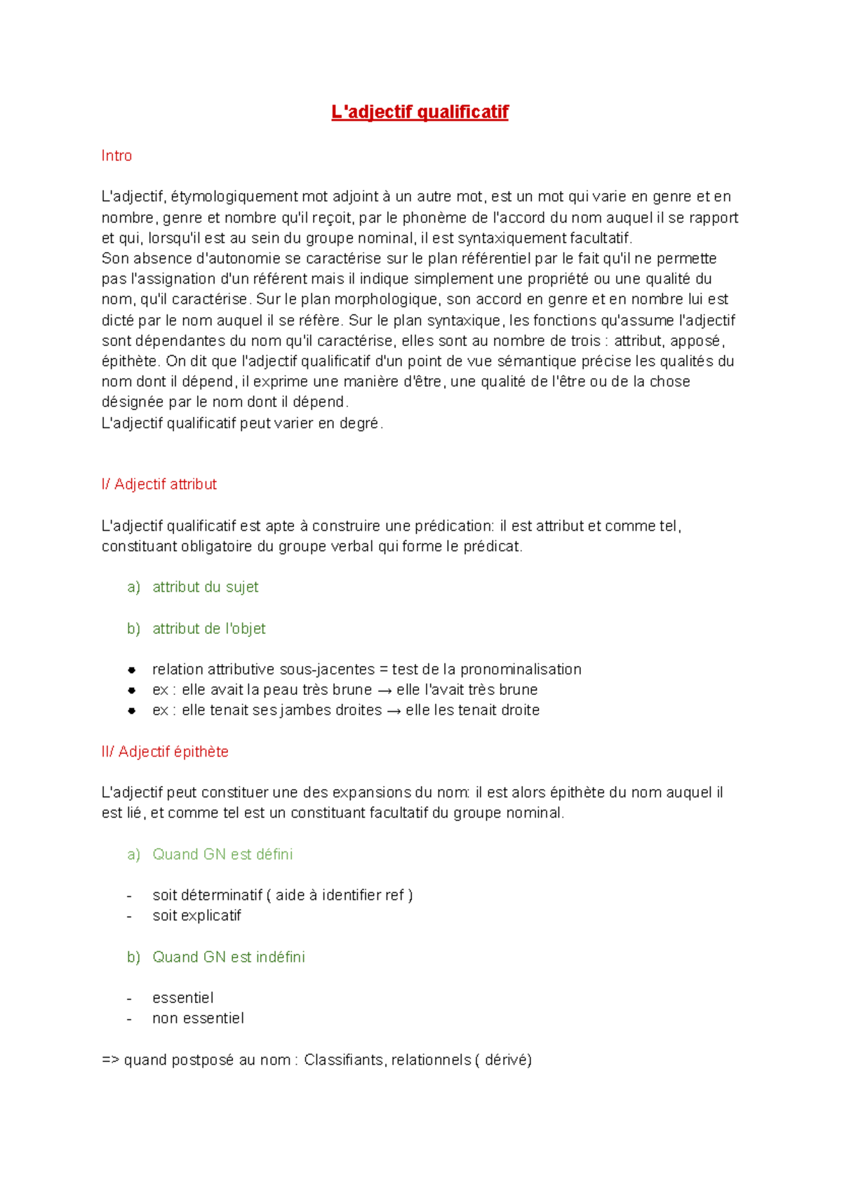 Fiche grammaire - L'adjectif qualificatif Intro L'adjectif ...