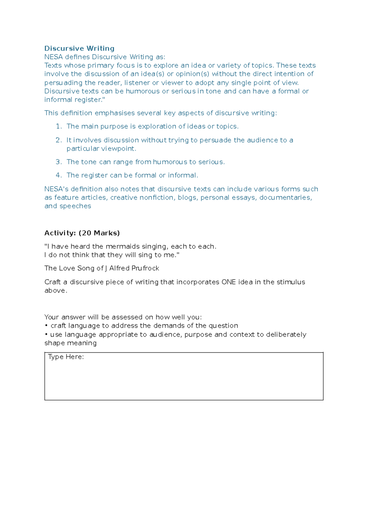 Discursive Writing Prufrock Activity - Discursive Writing NESA defines ...