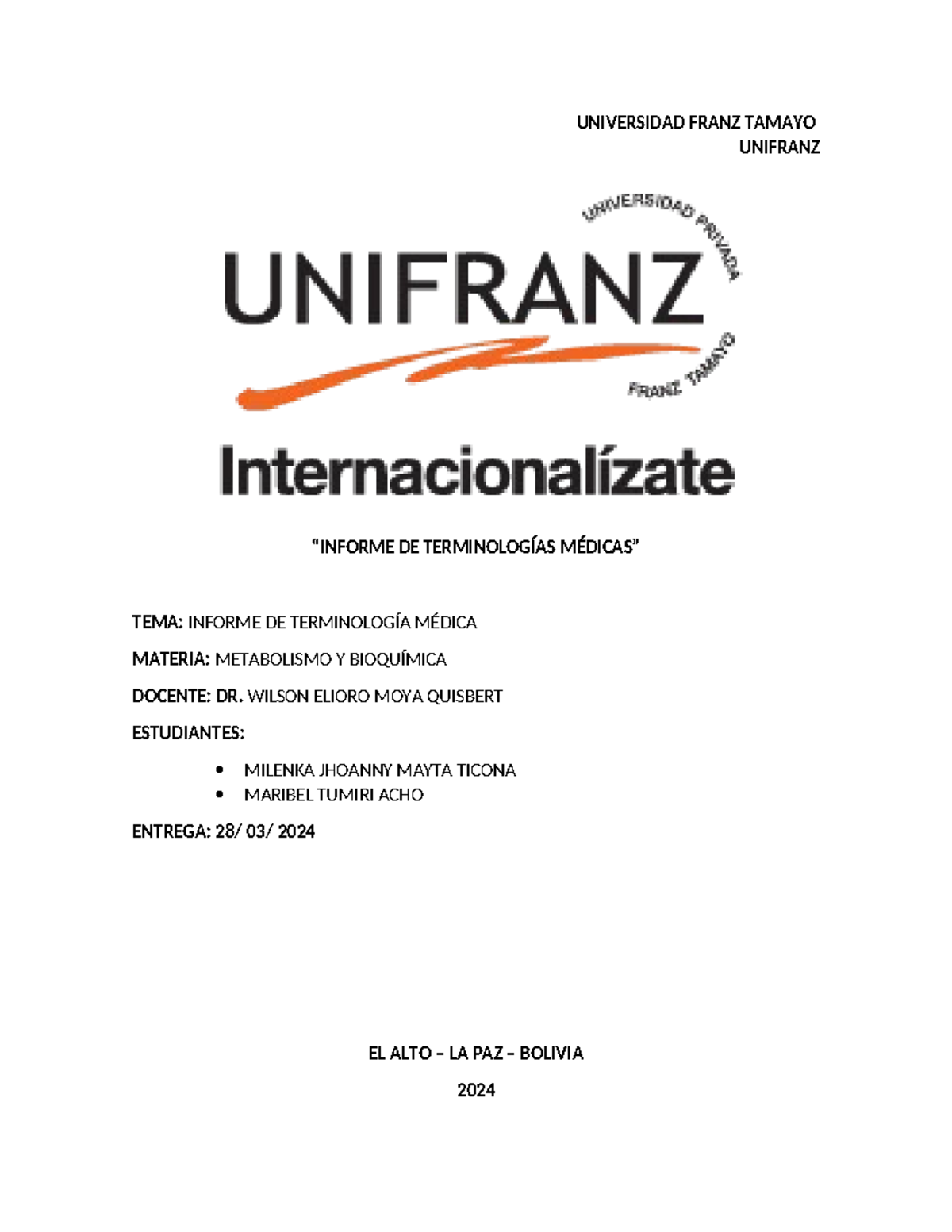 Informe de Terminología Médica en Metabolismo y Bioquímica - UNIFRANZ ...